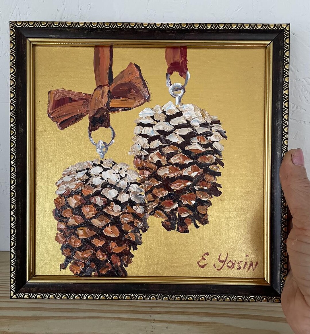 Framed Pine Cone Oil Painting, Gold Holiday Wall Decor, 8x8 Original ...