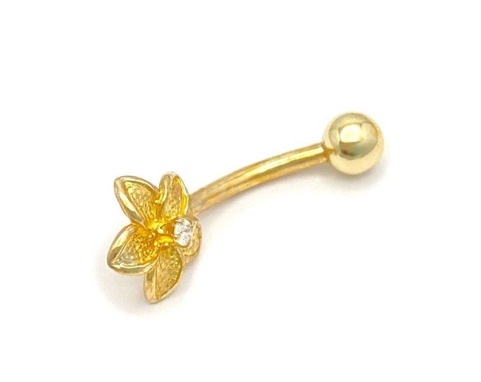 16 Gauge Solid 10k Yellow Gold Flower Navel Piercing With Cubic ...