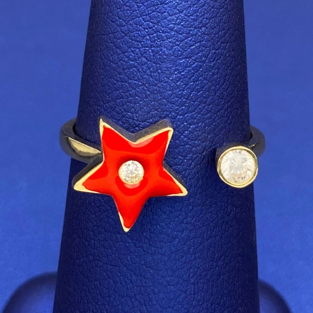 Solid 14k Gold Red Enamel Star Open Ring With Cubic Zirconia Stones ...