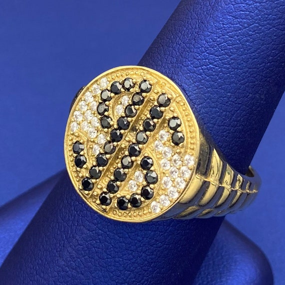 Solid 10K Gold Dollar Sign Ring with Black White Cubic Zirconia Stones Real Yellow Gold Rings Men s Gold Rings Size 10