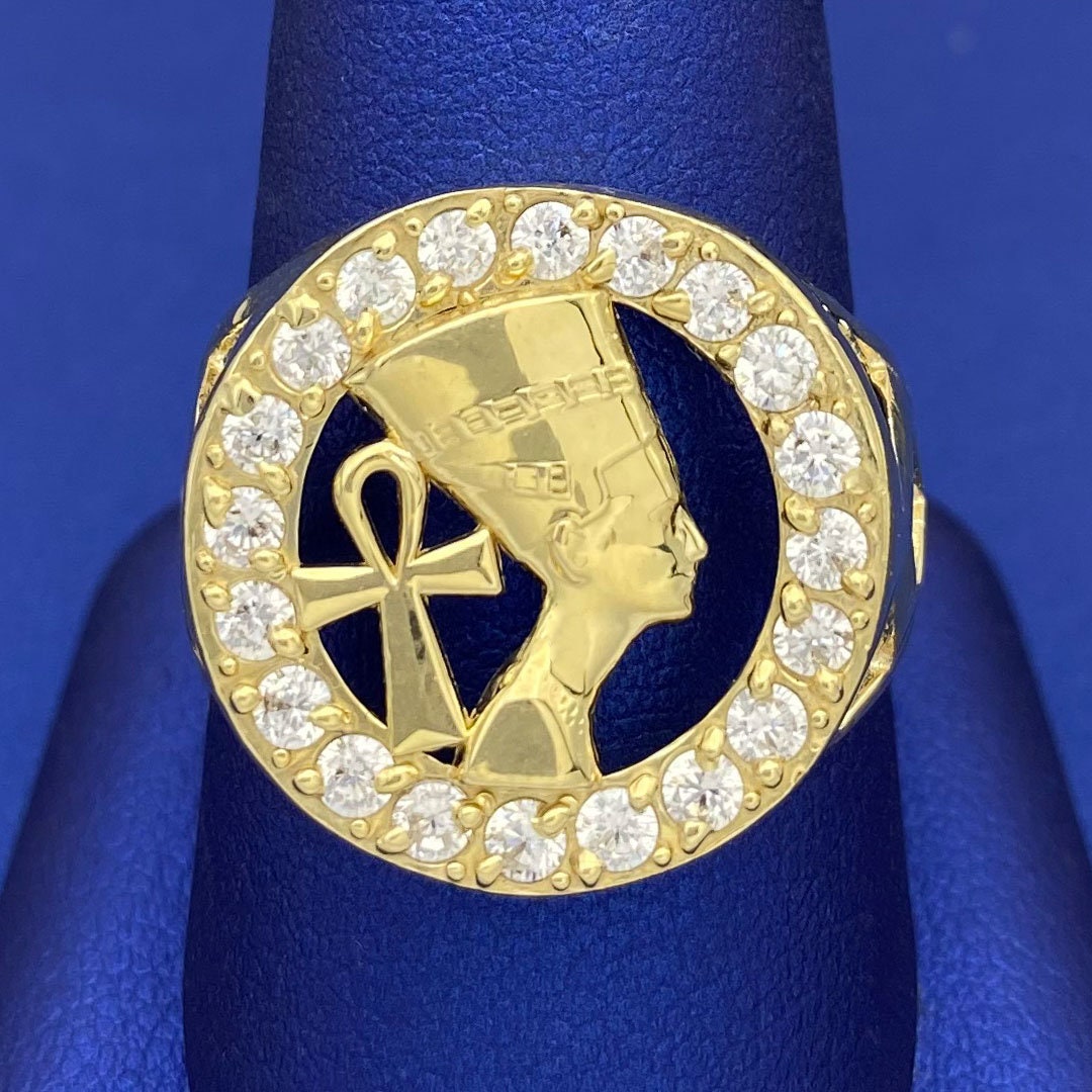 Solid 10k Yellow Gold Nefertiti & Ankh Round Ring With Cubic Zirconia ...