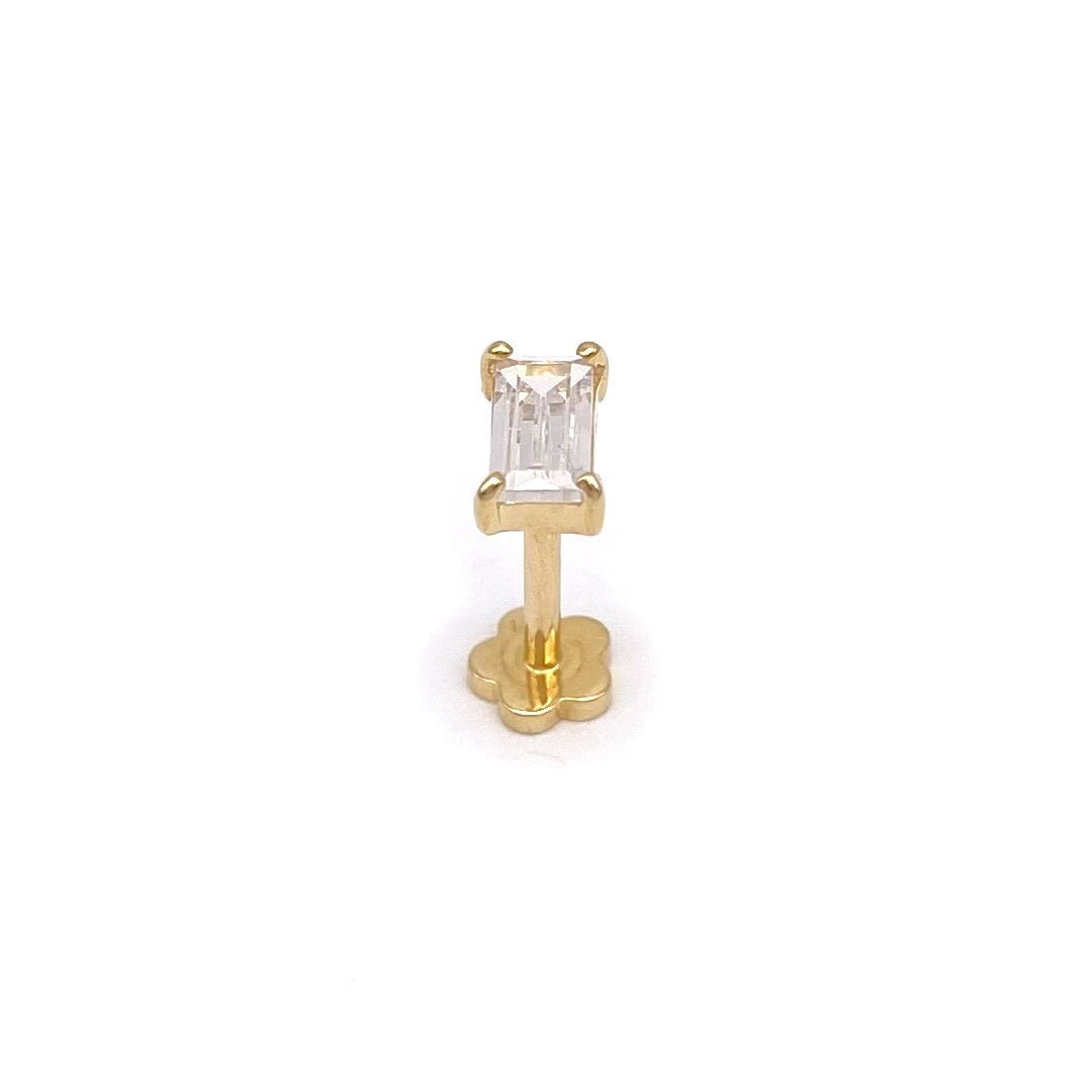18G 14k Gold Emerald Cut With CZ Stone Internal Threaded Stud ...