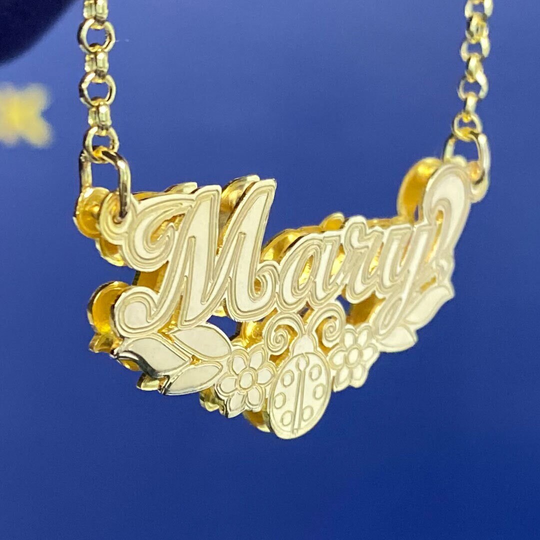 Personalized Cursive Double Name Plate Pendant With Ladybug & Flower ...