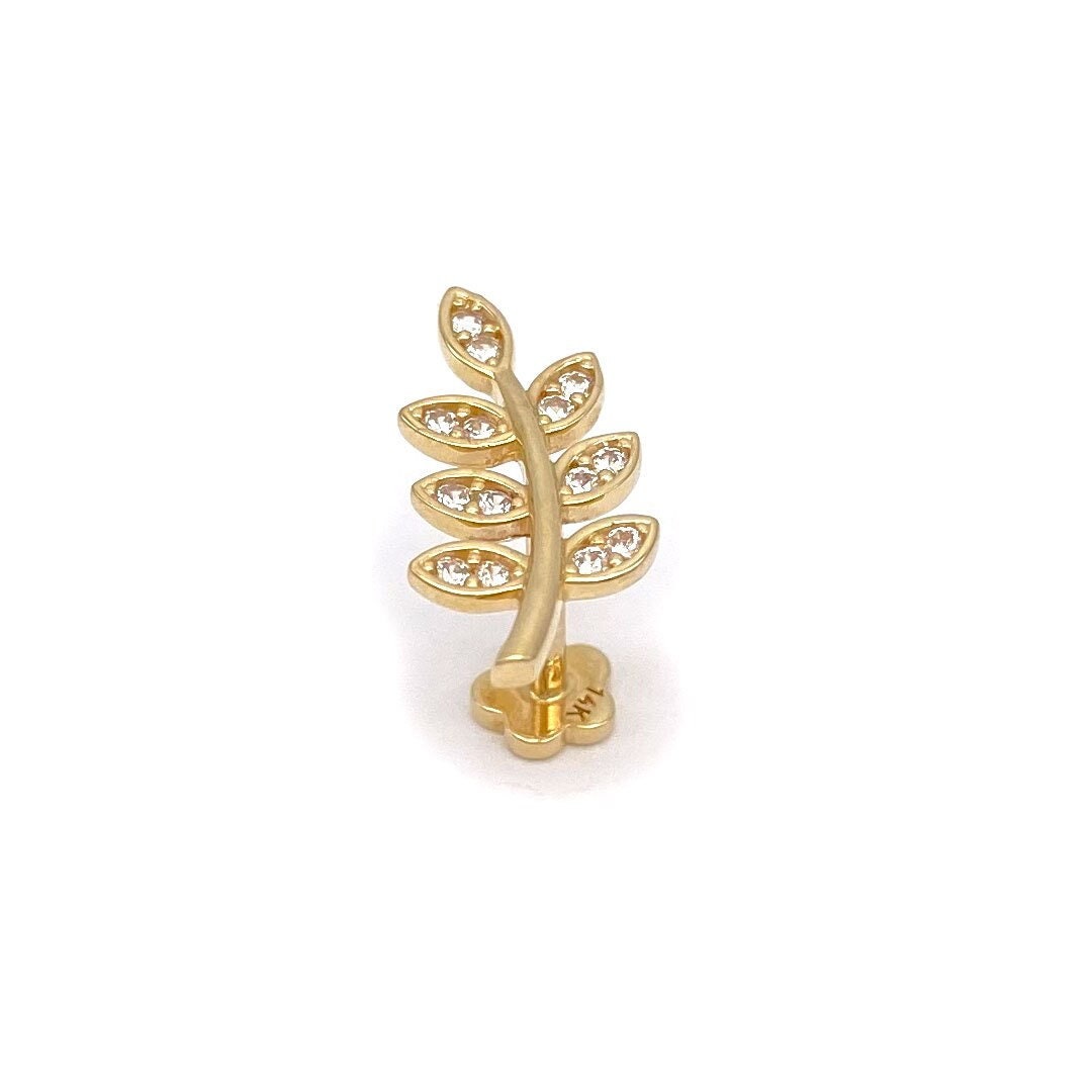 18G 14k Gold Leaf Stem Internal Threaded Stud With Cubic Zirconia ...