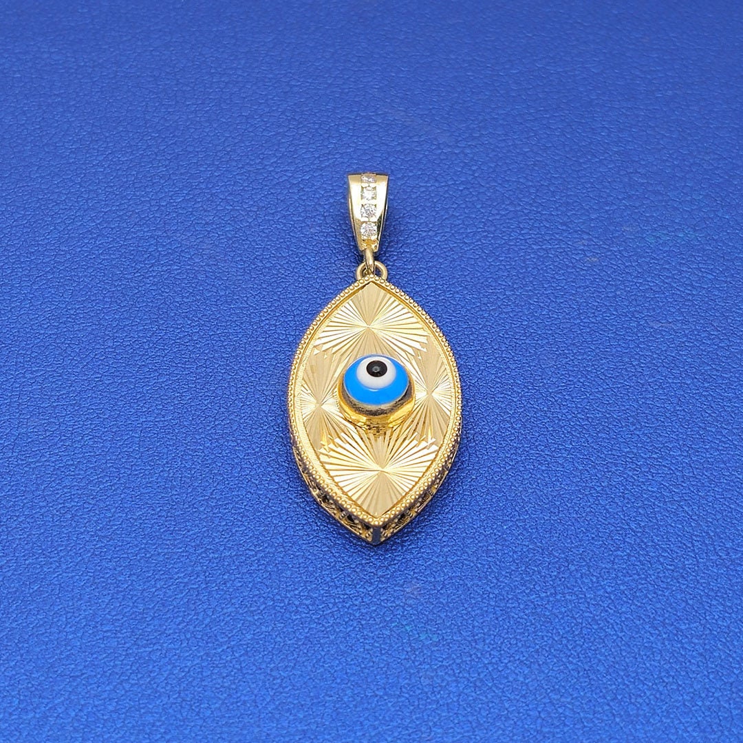 14k CZ Fancy Laser Cut Marquise Light Blue Evil Eye Pendant, Solid 14kt ...