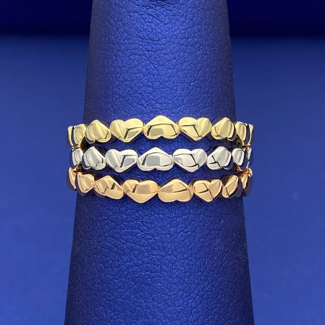 Solid 14k Tri-color Gold Hearts Pattern Stackable Ring | Set of 3 ...