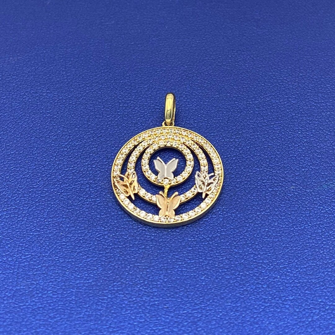Solid 10k Gold Tri-color Circle Butterfly Pendant Charm With Cubic ...