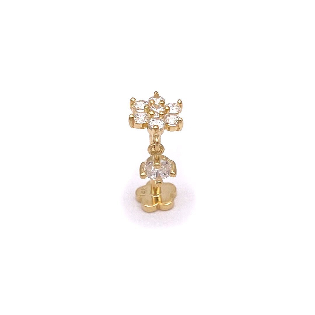18G 14k Gold CZ Flower Cluster & Hanging Stone Internal Threaded Stud ...