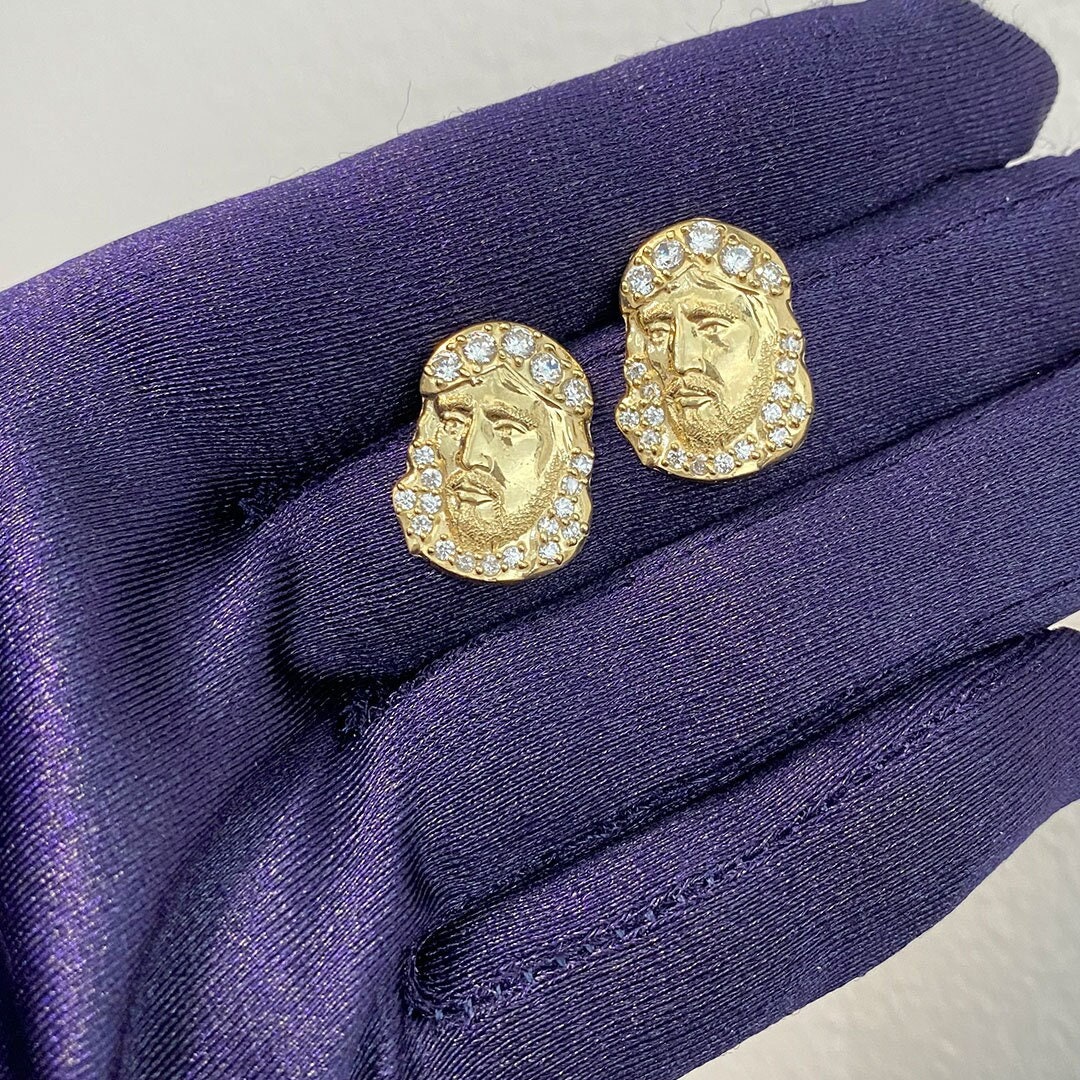 Solid 10k Gold Jesus Face Stud Earrings With Cubic Zirconia Stones ...