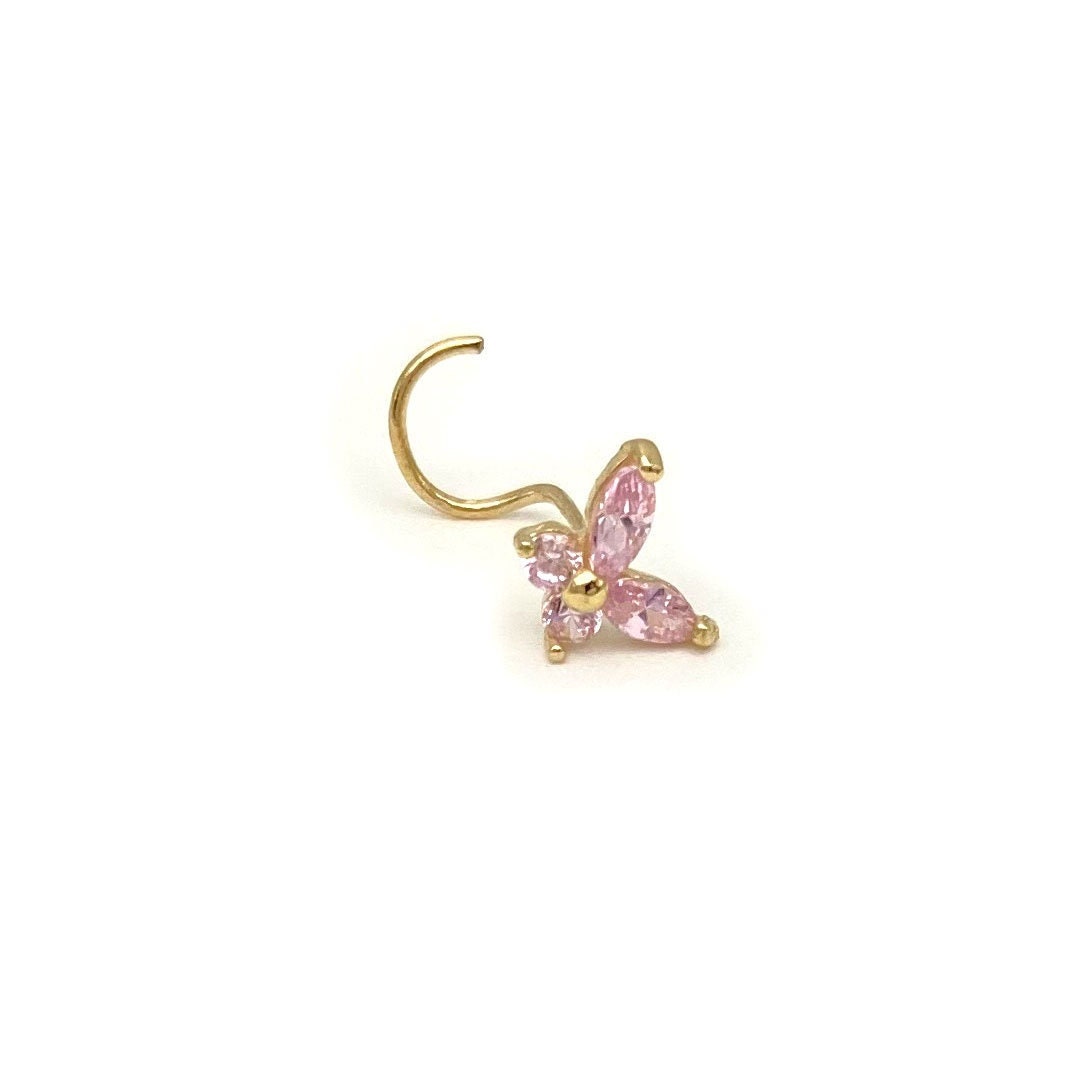 24G Solid 14k Gold Pink Butterfly Nose U-shaped Screw Stud With Cubic ...