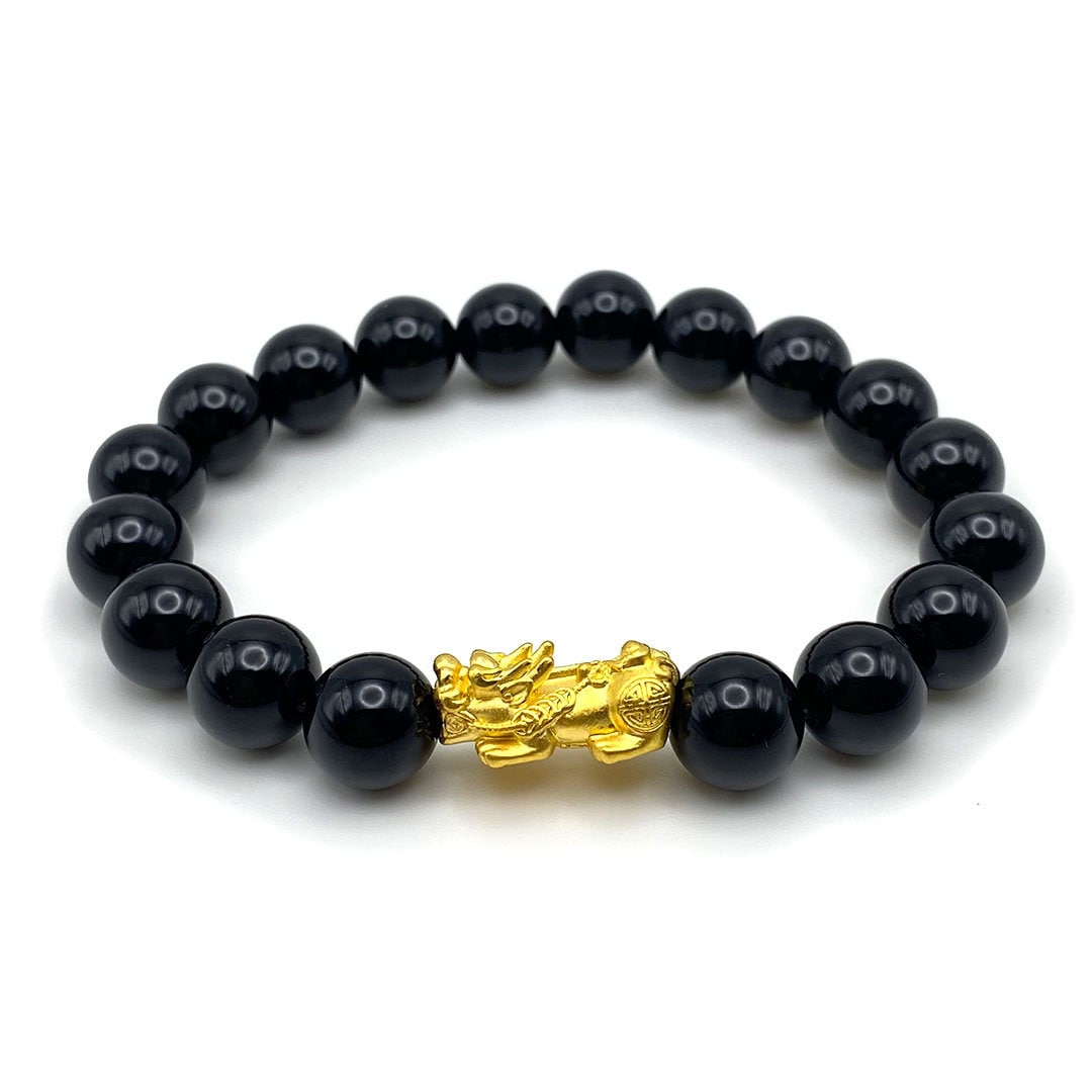 Real 24K Gold Good Luck Feng Shui Pixiu Bead Bracelet Genuine Onyx Blue Lapis Green Malachite Bead Bracelet Real Gold Dragon Bracelet