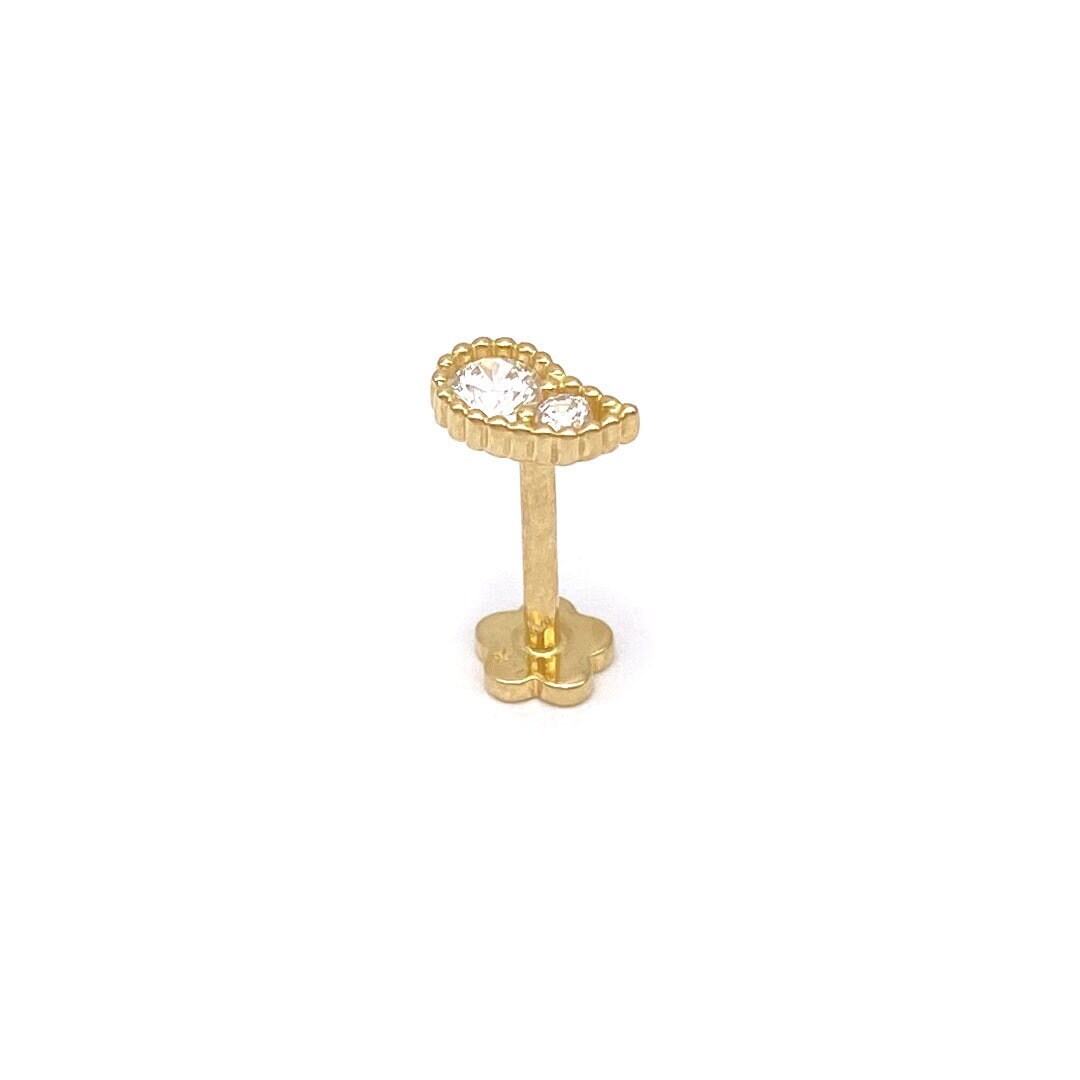 18G 14k Gold Milgrain Paisley With CZ Stones Internal Threaded Stud ...