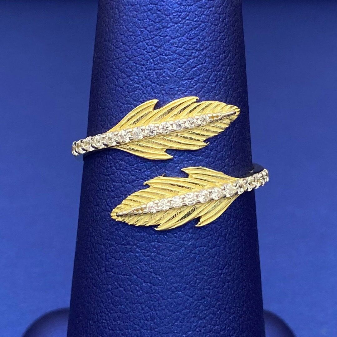 Solid 10k Gold Double Feather Wrap Ring With Cubic Zirconia Stones | Size 7.5 | Trendy Women's ...