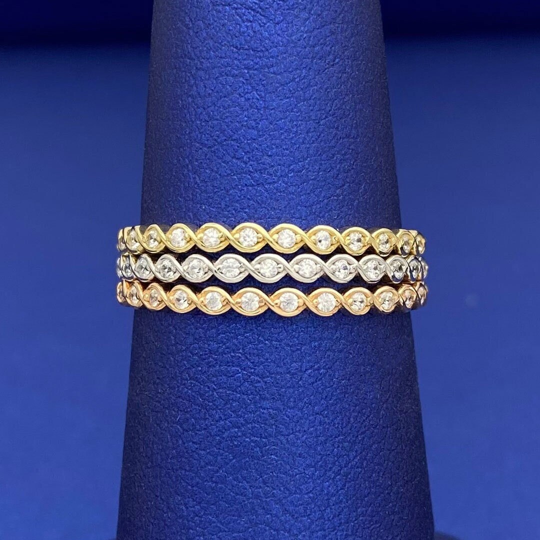 Solid 14k Tri-color Gold Twist Pattern Stackable Ring With Cubic ...