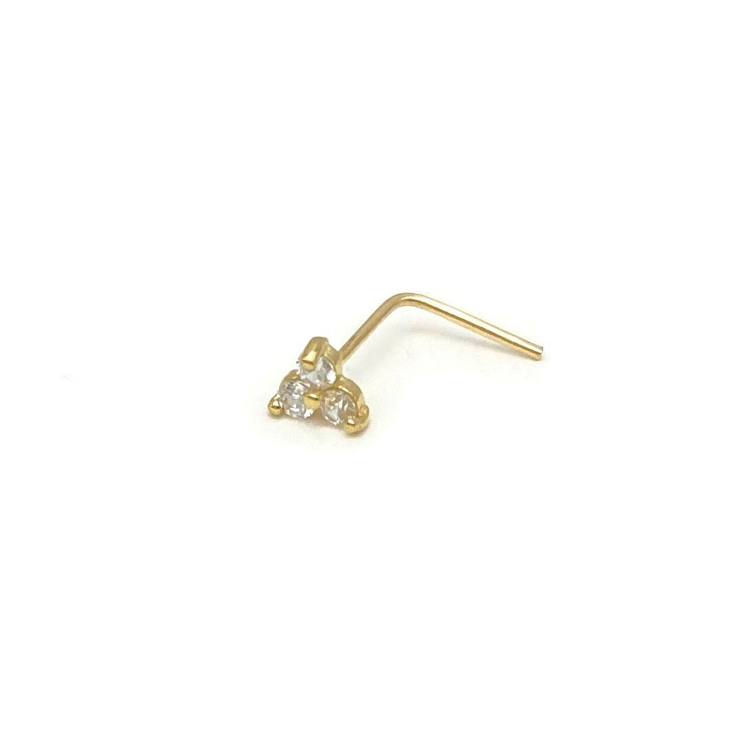 24G Solid 14k Gold Triple-stone L-shape Nose Pin With Cubic Zirconia ...