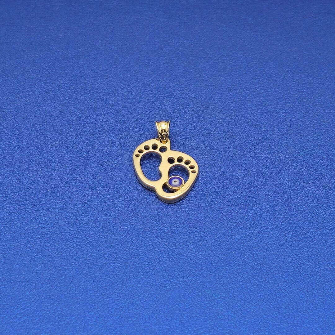 Solid 14k Gold Baby Feet & Evil Eye With Blue Enamel Pendant Charm Real ...