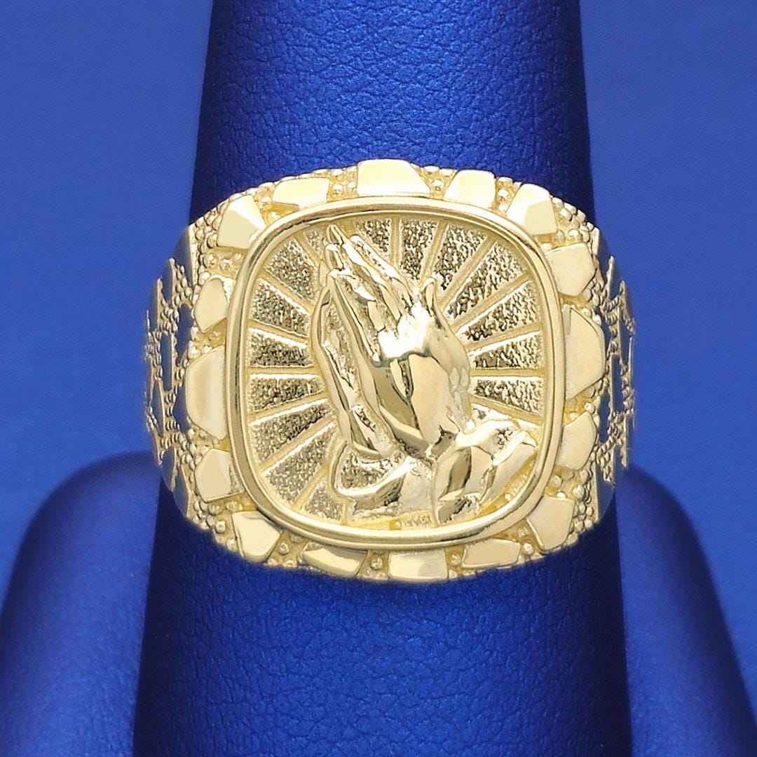 Solid 10k Yellow Gold Square Praying Hands With Nugget Design Ring | Size 10.5 | Real Gold Rings ...