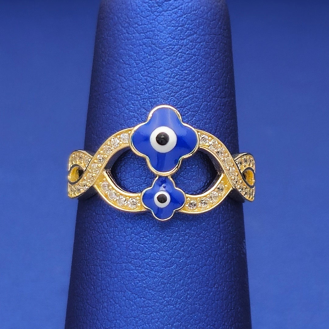 Solid 10k Gold CZ Double Fancy Twist With Enamel Evil Eye Ring | Size 7 ...
