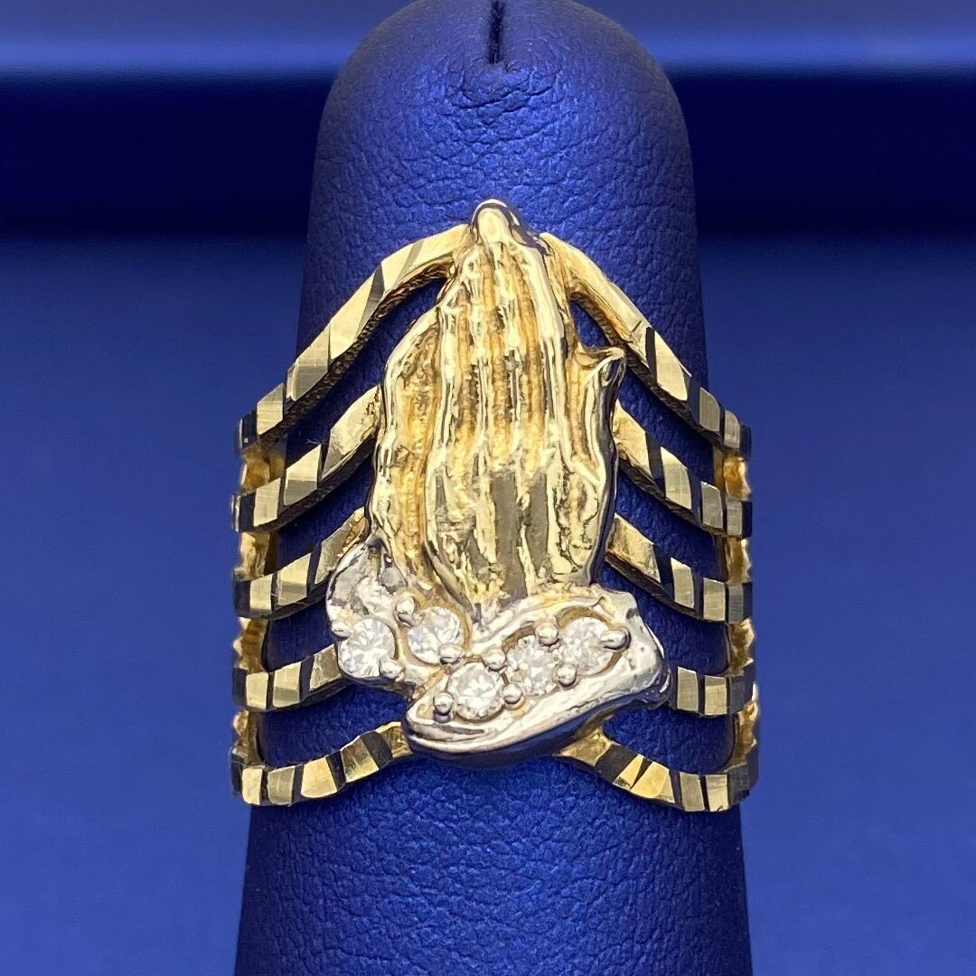 Solid 10k Yellow Gold Praying Hands Ring With Cubic Zirconia Stones | Size 7 | Real Gold Rings ...