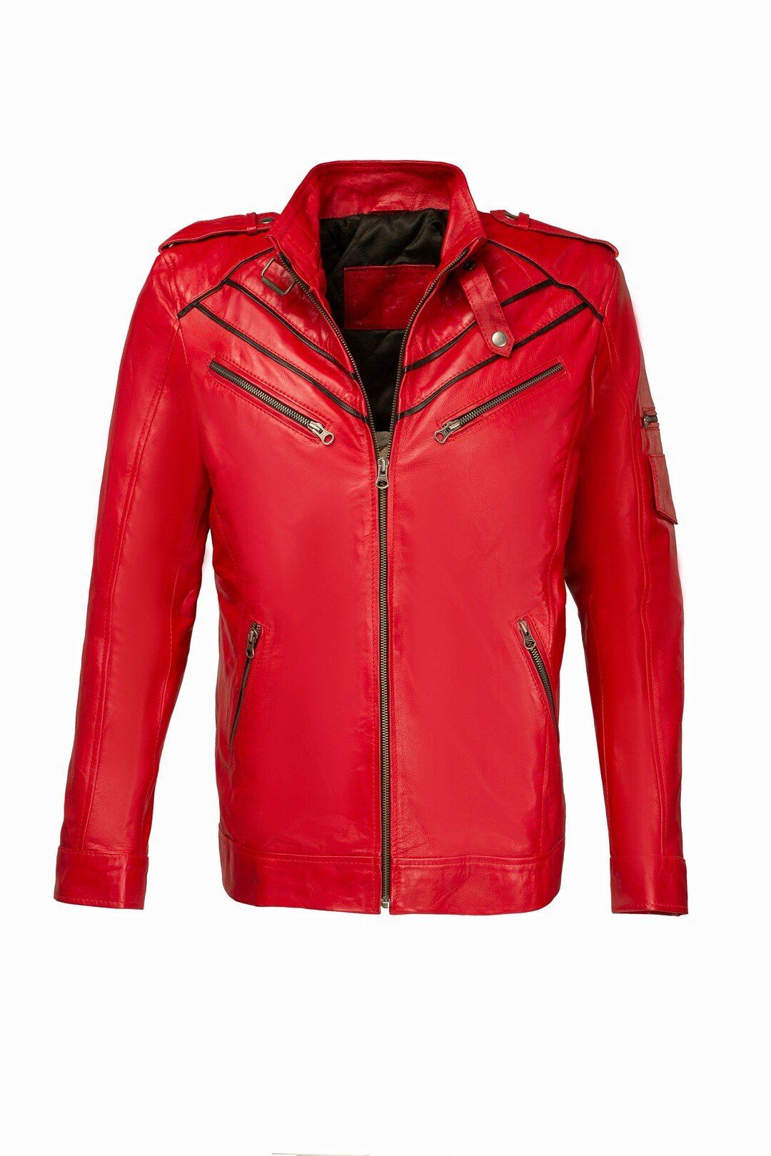 Cafe Racer Red Biker Motorcycle Men Red Leather Jacket Handcrafted by ...