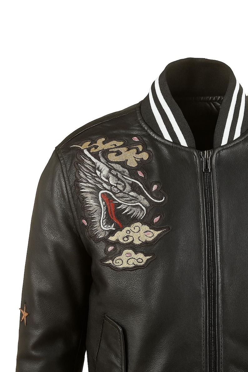 Dragon Embroidered Leather Bomber Jacket | Vintage Souvenir Style - Etsy