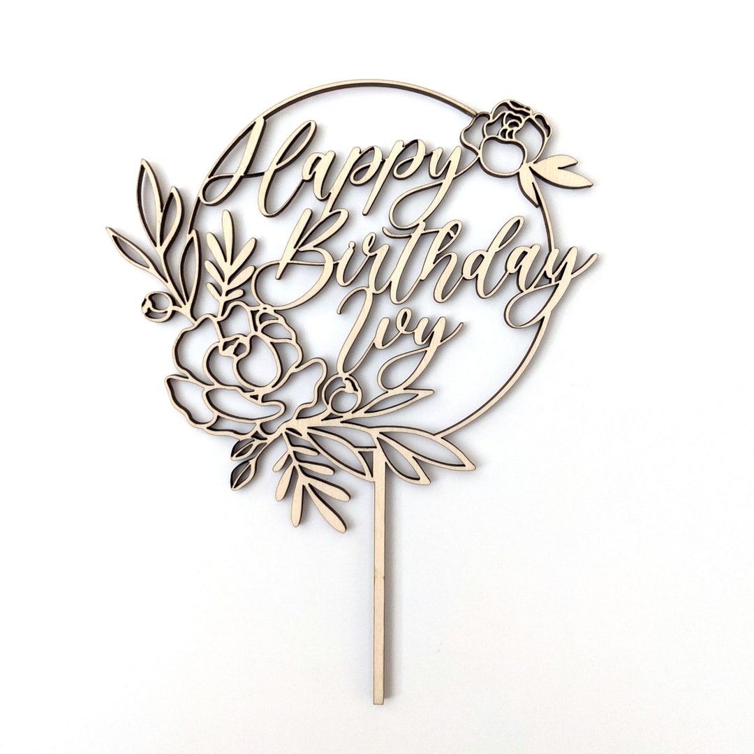 Floral Wreath Cake Topper - Happy Birthday Personalized, Wood/acrylic ...