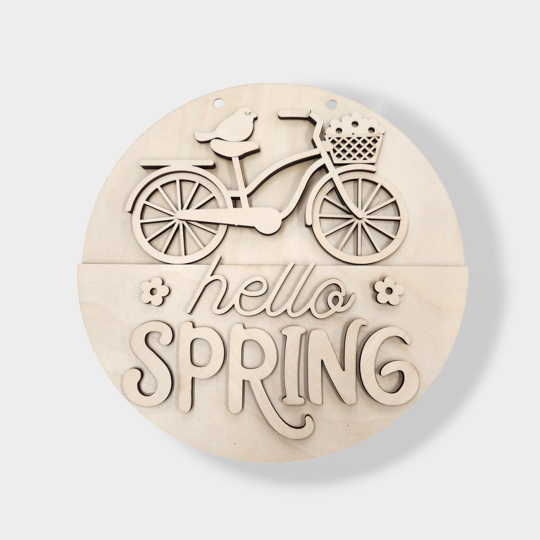 Hello Spring Welcome Sign Spring Bicycle Blank Wood Door Hanger Sign ...