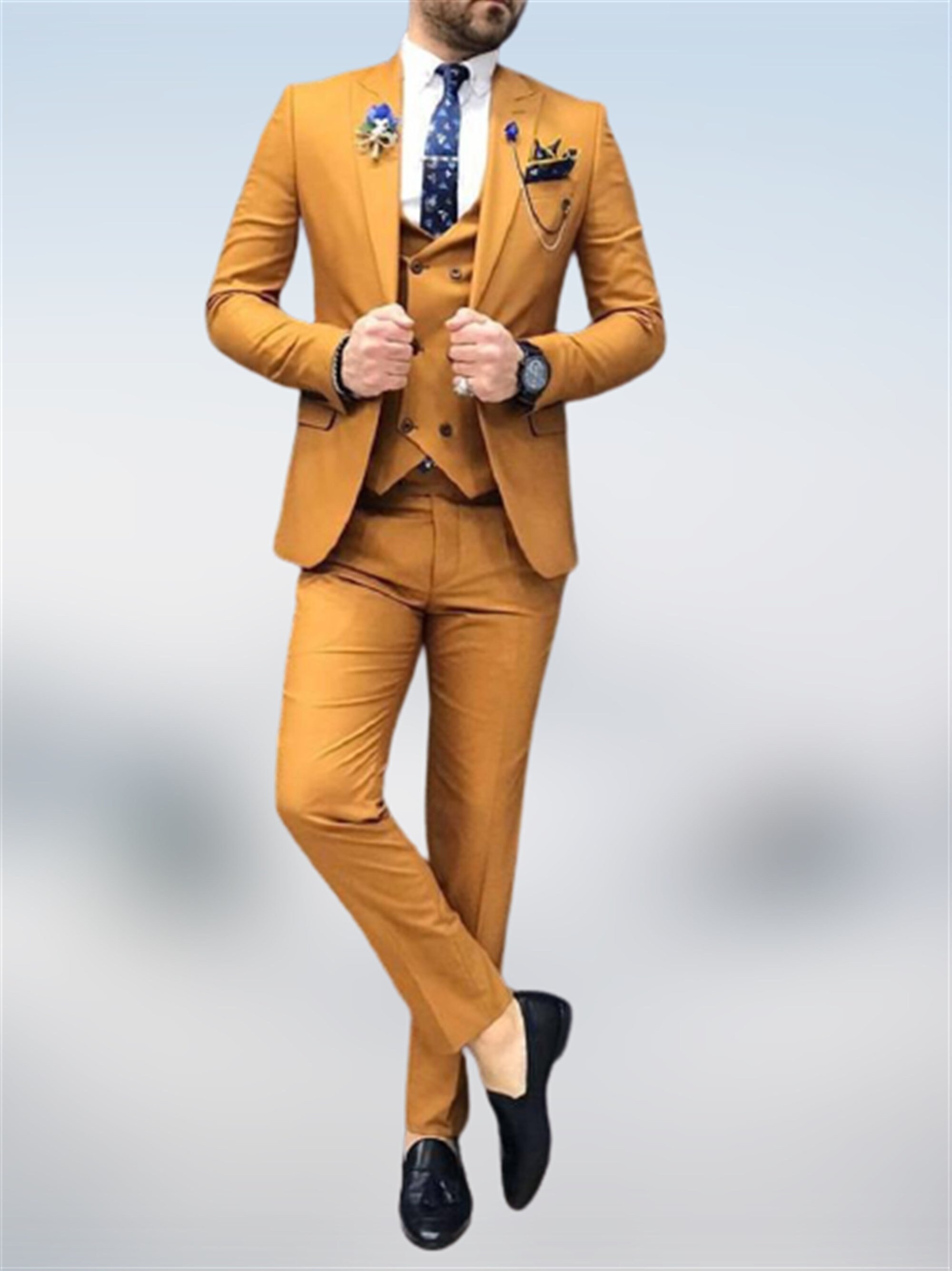 Men Suits Mustard Wedding Suit 3 Piece Groom Wear One Button Etsy