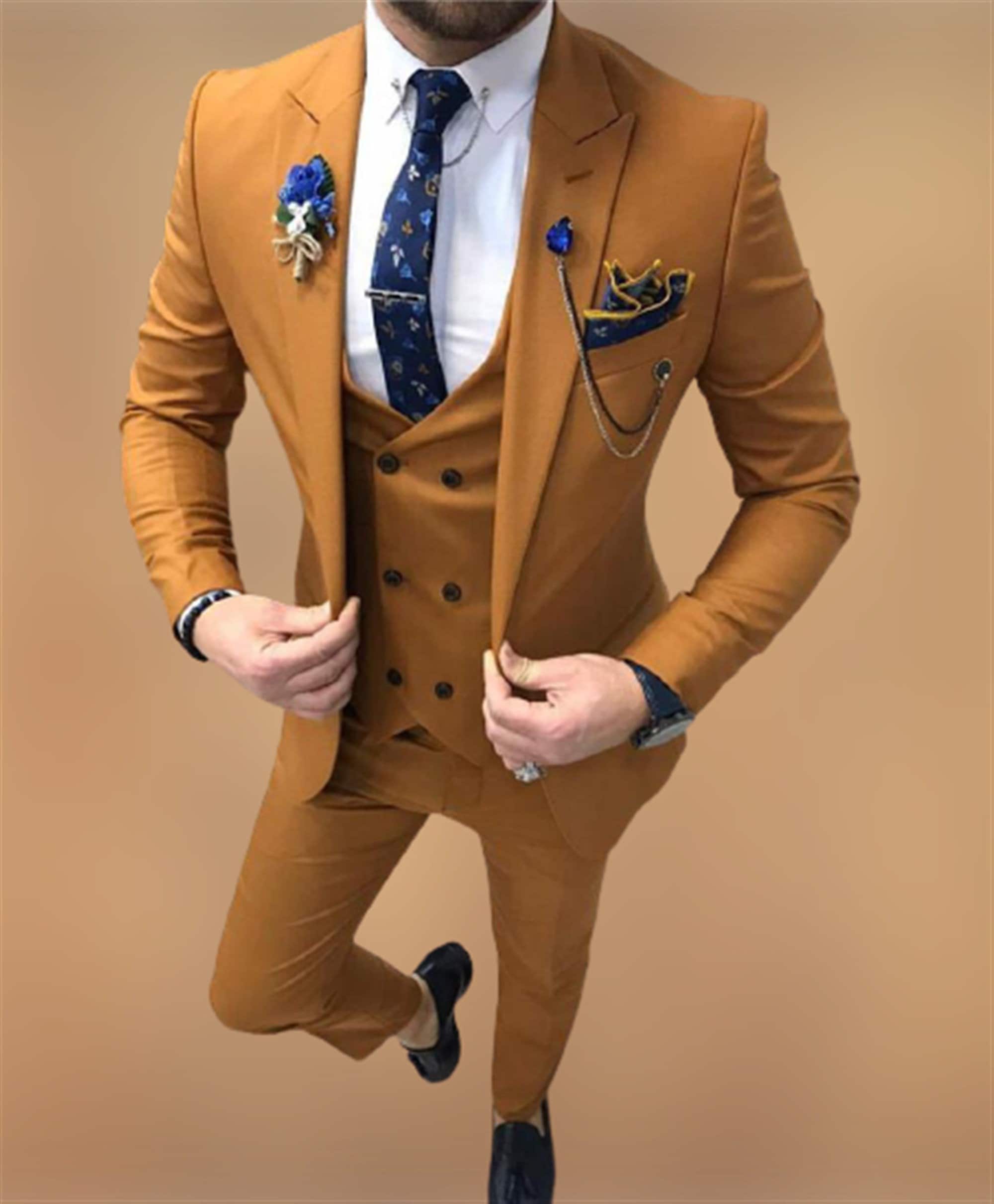 Men Suits Mustard Wedding Suit 3 Piece Groom Wear One Button Etsy