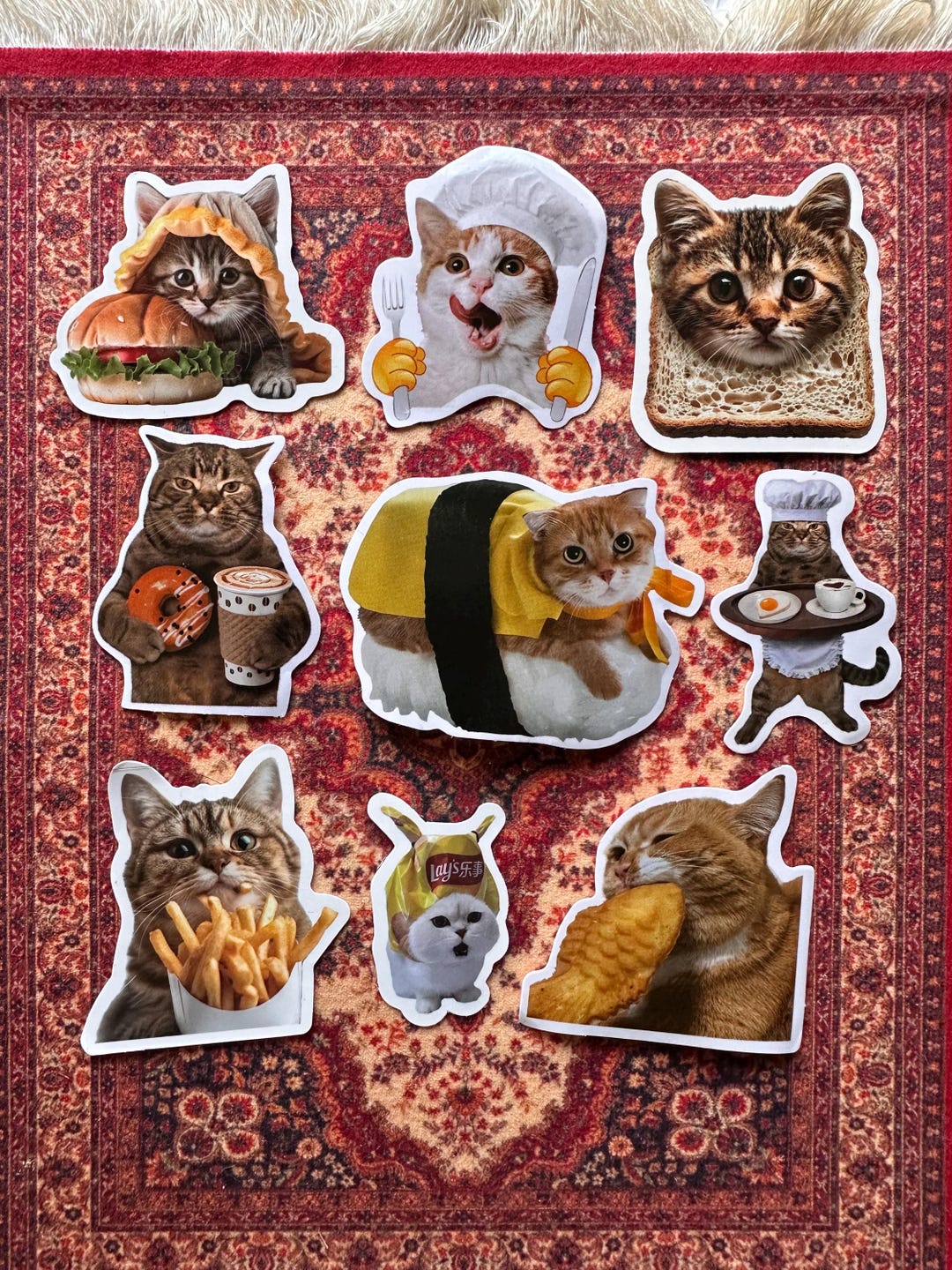 Funny Food Cat Sticker Set of 9 Cute Cats With Sushi, Burgers, Fries ...