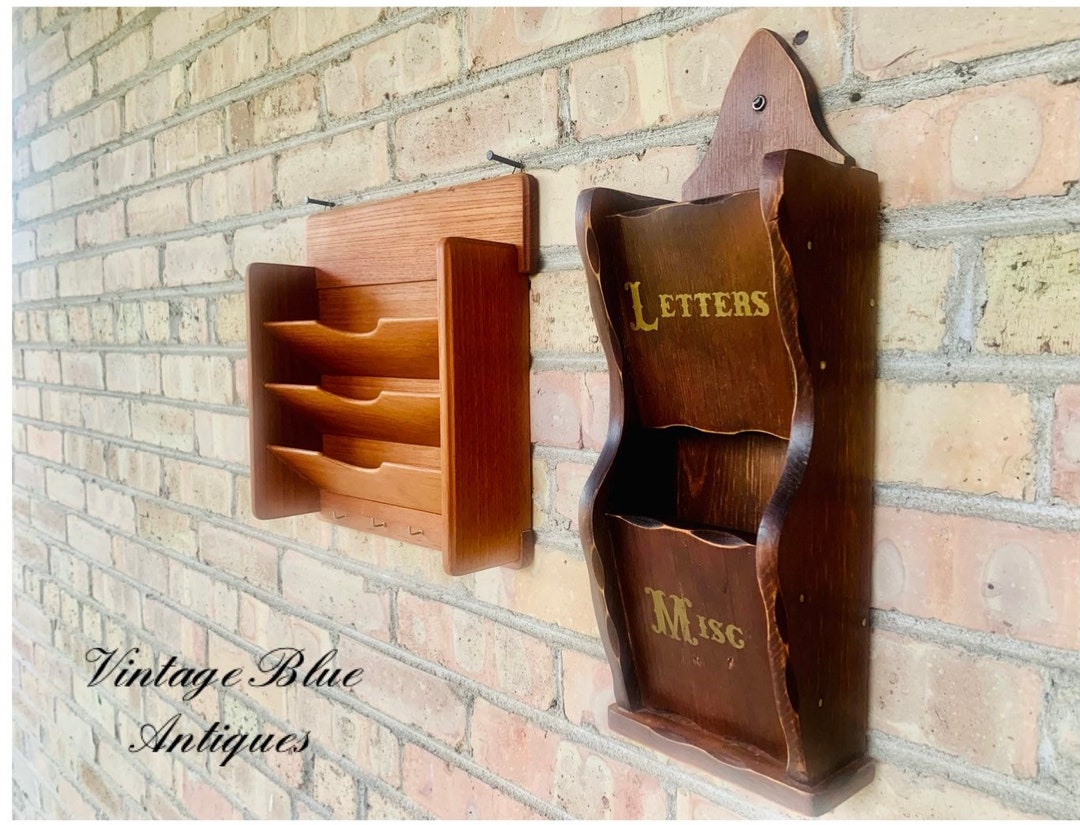 Wall Mount Letter Holder, Mail Key Sort Rack Vintage Wood Storage Box ...