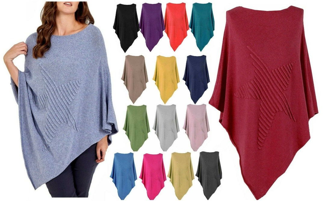Ladies Italian Cape Star Print Poncho Soft Knit Cardigan Sweater Top UK ...
