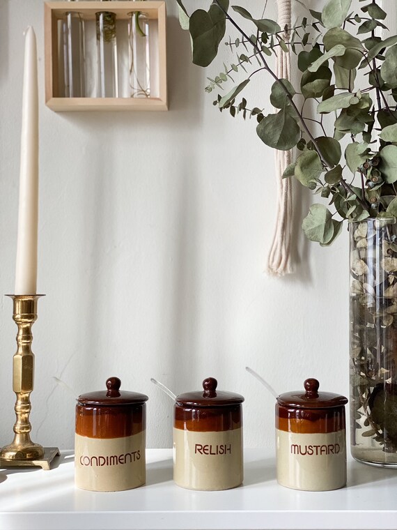 Vintage Stoneware Double Pot Condiment Server with Spoons Kitchen ...