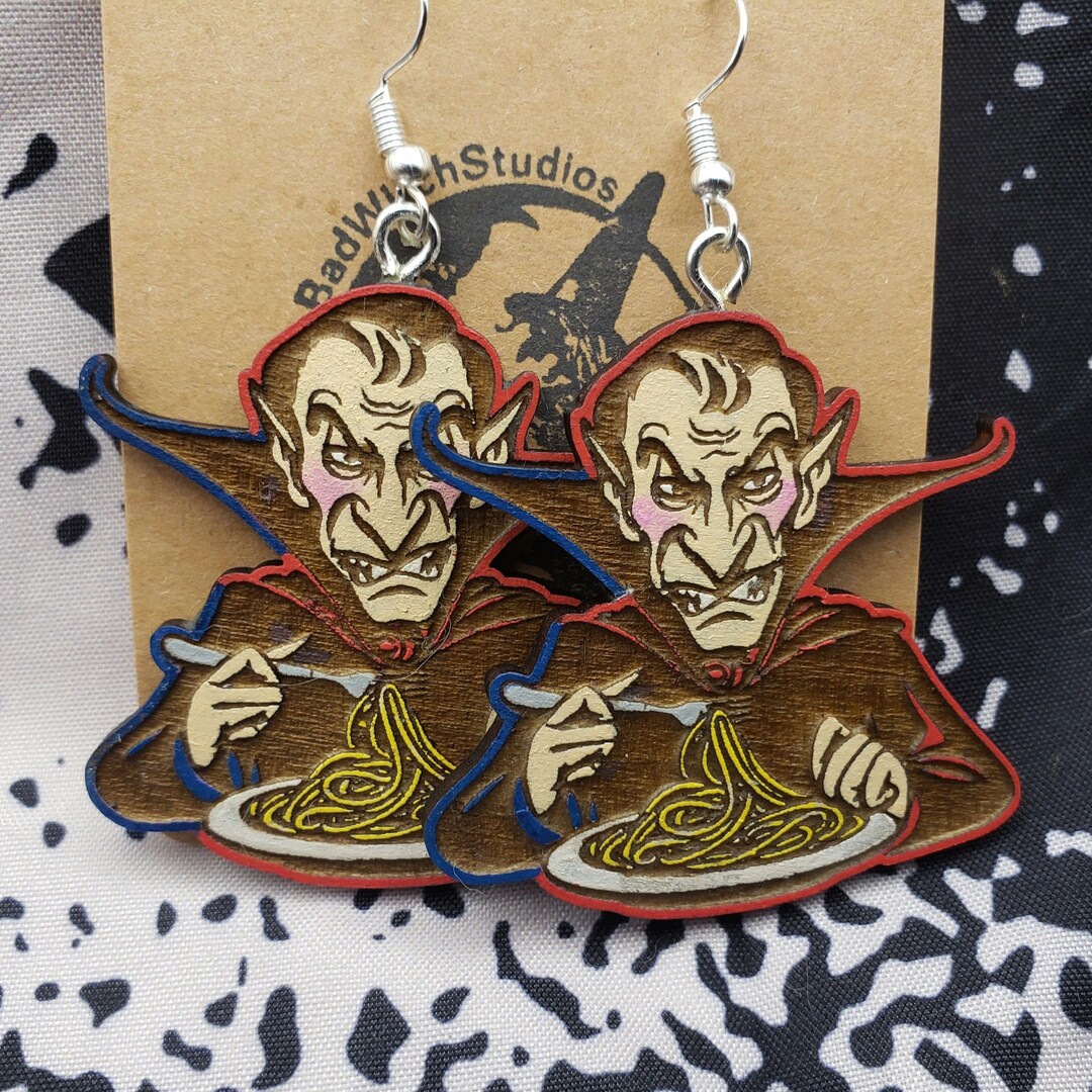 Dracula Vampire Eating Spaghetti Humorous Novelty Earrings Hand-painted ...
