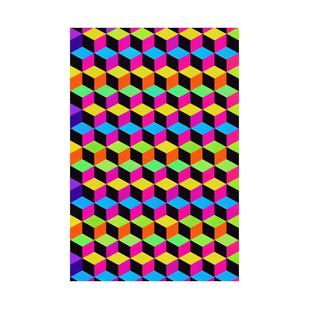 Neon 3D Cube Optical Illusion Poster | Retro Geometric Wall Art ...