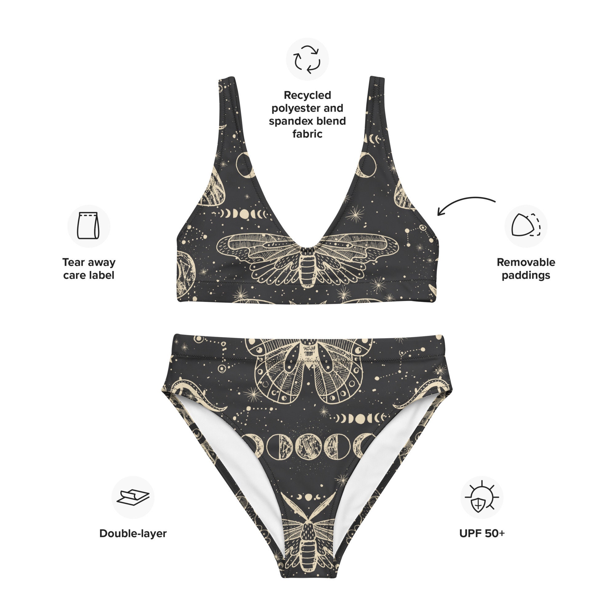 Celestial Bikini, Luna Moth Bikini, Recycled High-waisted Bikini, Celestial Beachwear, Witchy ...