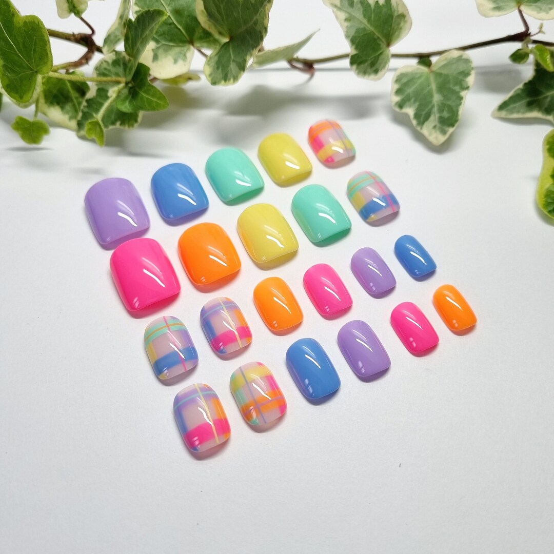 Rainbow Plaid, Extra Short Squoval Press on Nails, Full Set of 22 - Etsy