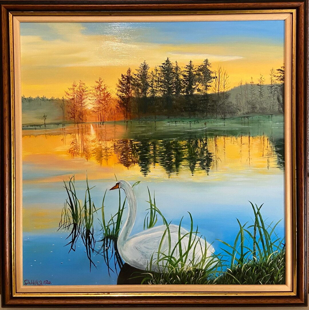Original Swan Oil Painting on Panel, Original Sunset Landscape, Framed ...