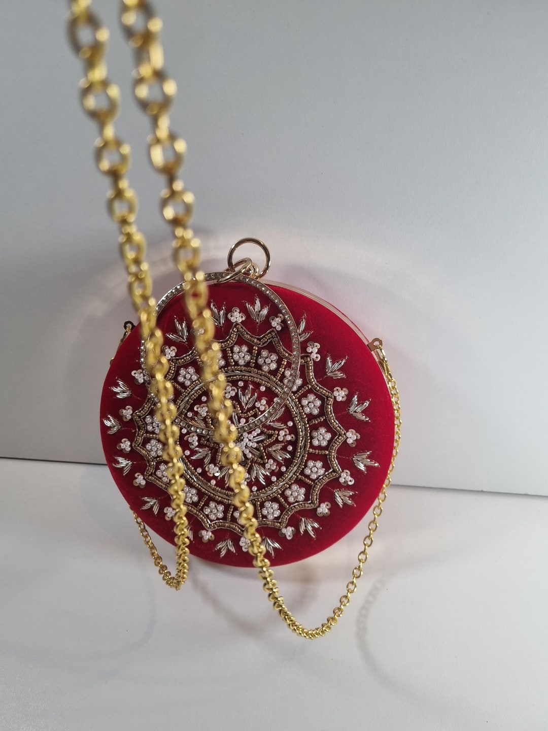 Velvel Red Round Clutch Purse Collection With Gold Embroidery, Gold ...