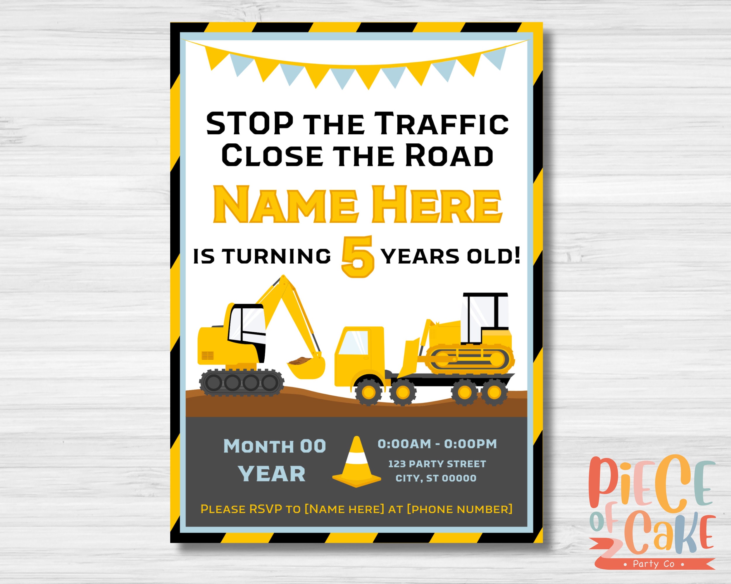 Fifth Birthday Boy Printable Invitation, Construction Vehicle Canva ...