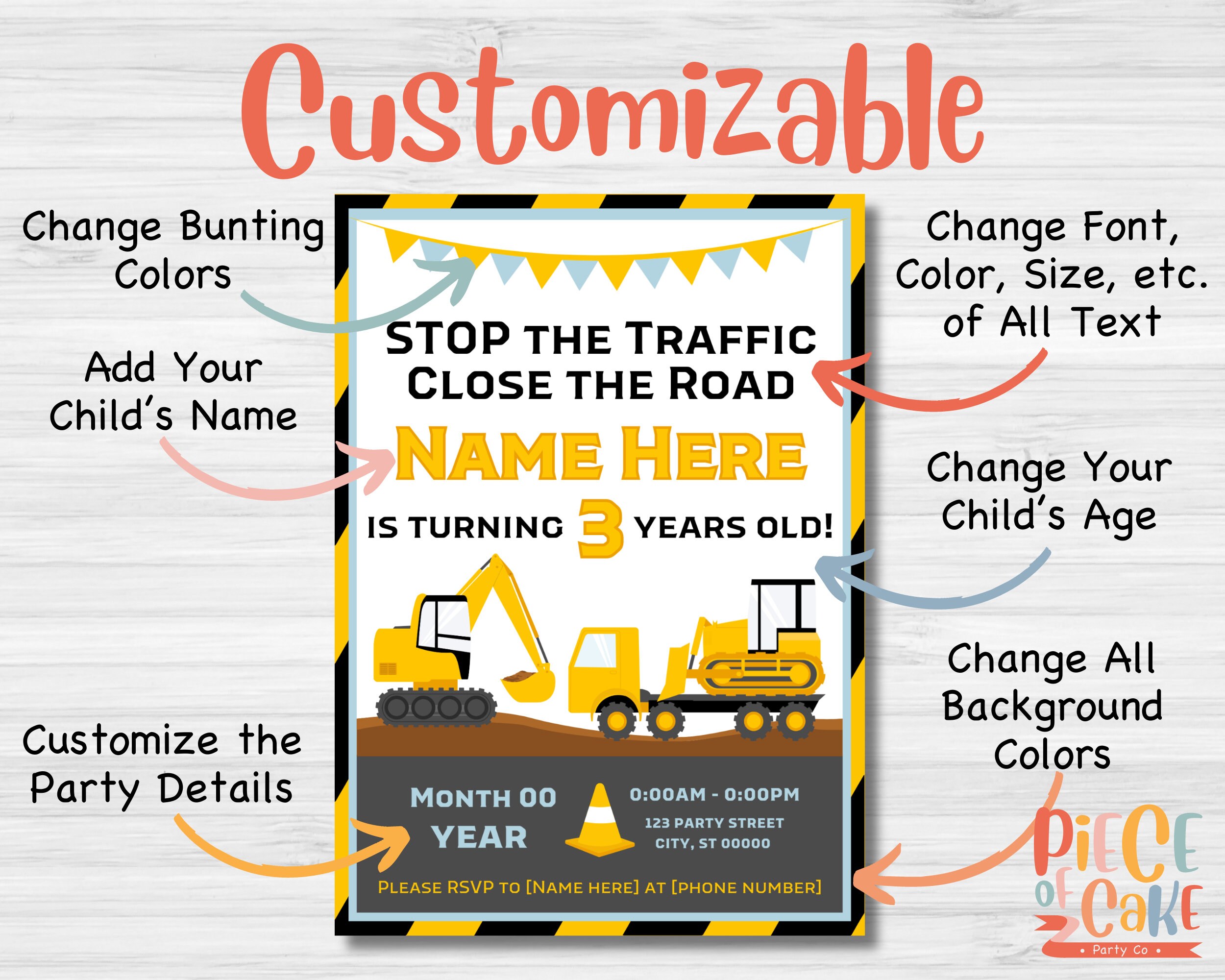 Third Birthday Boy Printable Invitation, Construction Vehicle Canva ...