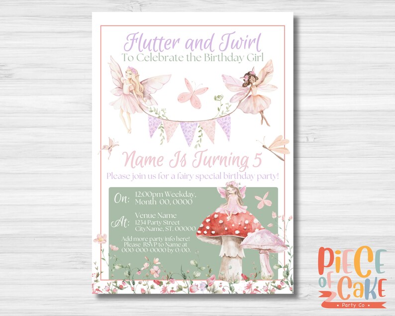 Fifth Birthday Girl Printable Invitation, Garden Fairy Canva Template ...