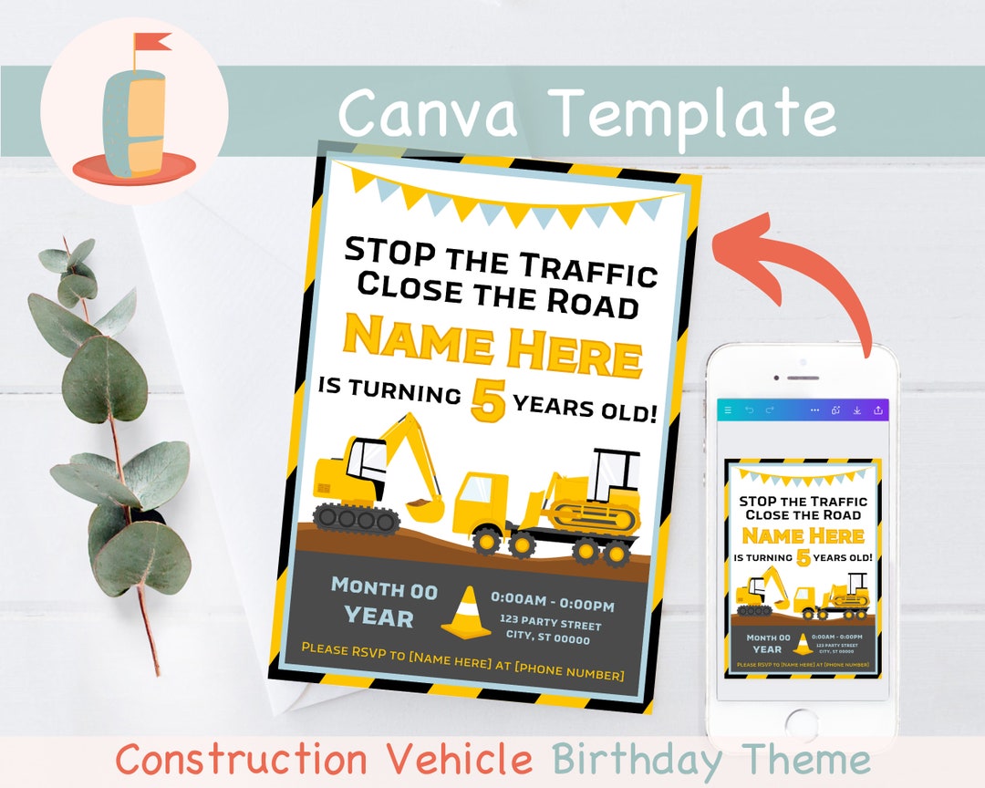 Fifth Birthday Boy Printable Invitation, Construction Vehicle Canva ...