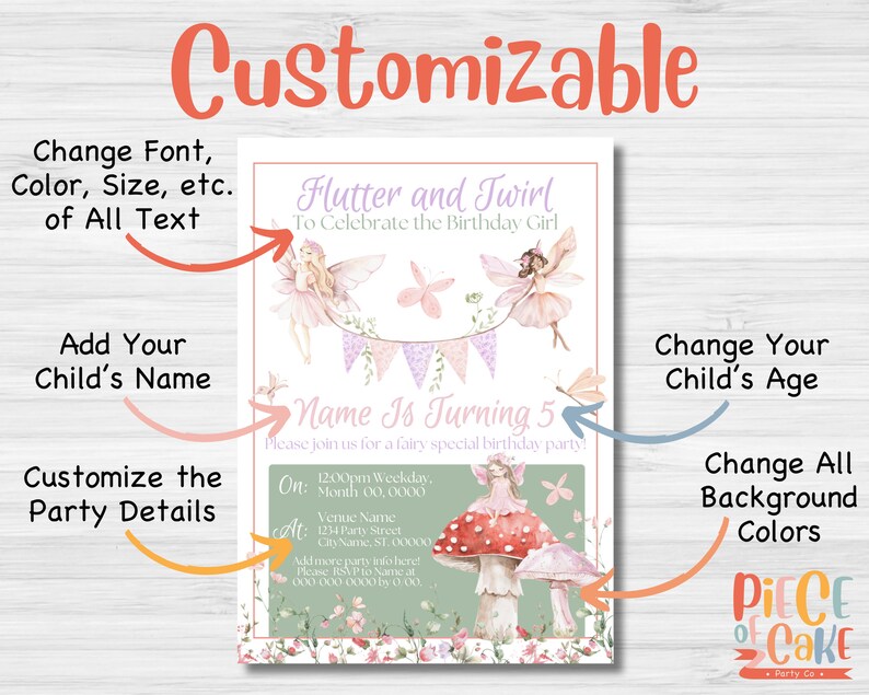 Fifth Birthday Girl Printable Invitation, Garden Fairy Canva Template ...