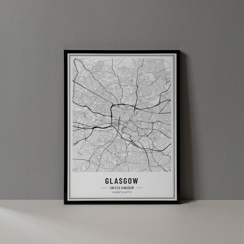 Glasgow UK Map Digital Print, Glasgow Map Poster, Glasgow Map Wall Art ...
