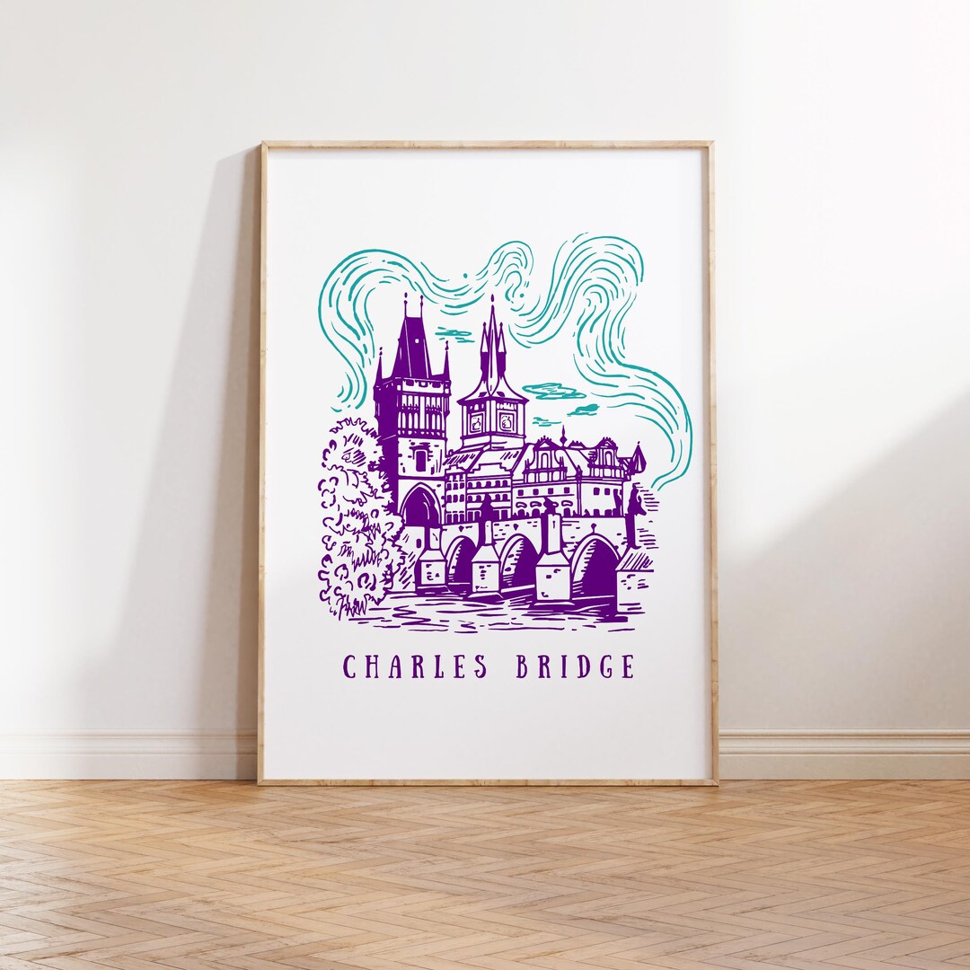 Charles Bridge Illustration Digital Art Print, Charles Bridge Travel ...