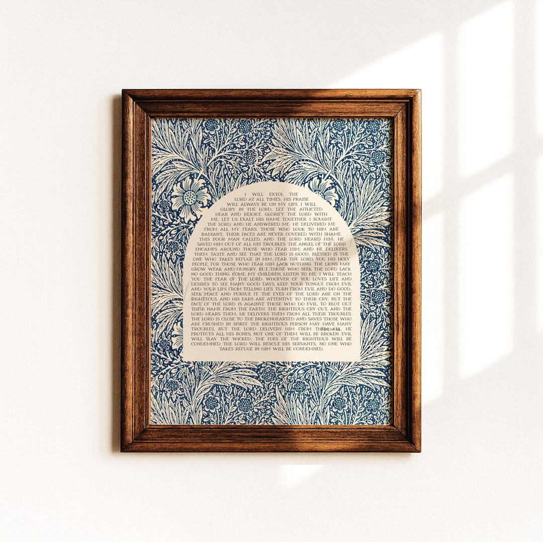 Psalm 34 Print | Christian Wall Art, Blue Vintage Floral Bible Verse ...