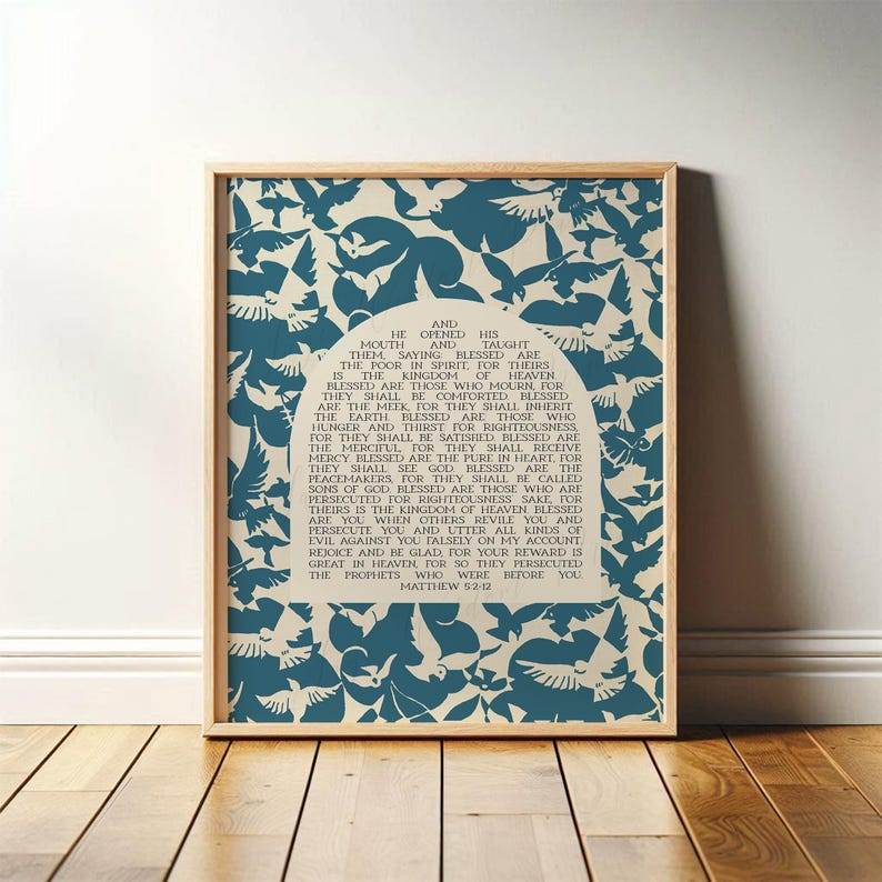 Beatitudes Print | Christian Wall Art, Teal & White Bible Verse, Modern ...
