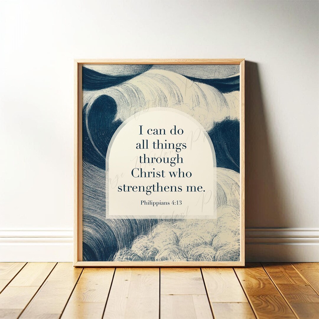 Philippians 4:13 Print | Christian Wall Art, Vintage Blue & White Bible ...
