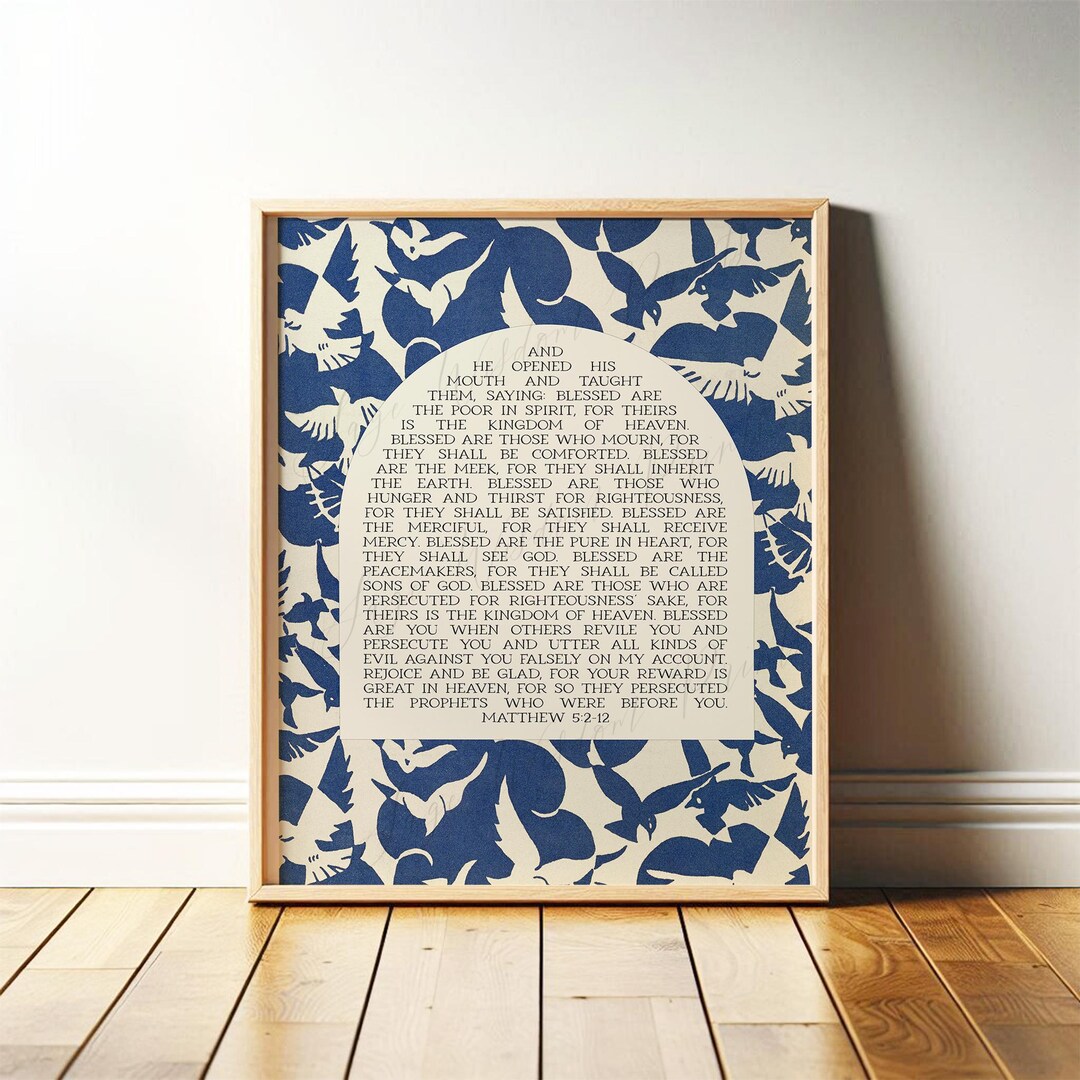 Beatitudes Print | Christian Wall Art, Blue & White Bible Verse, Modern ...